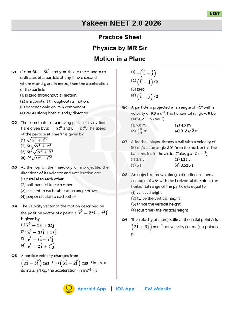 Motion in A Plane Practice Sheet Physics by Manish Raj Sir | PDF | Acceleration | Projectiles