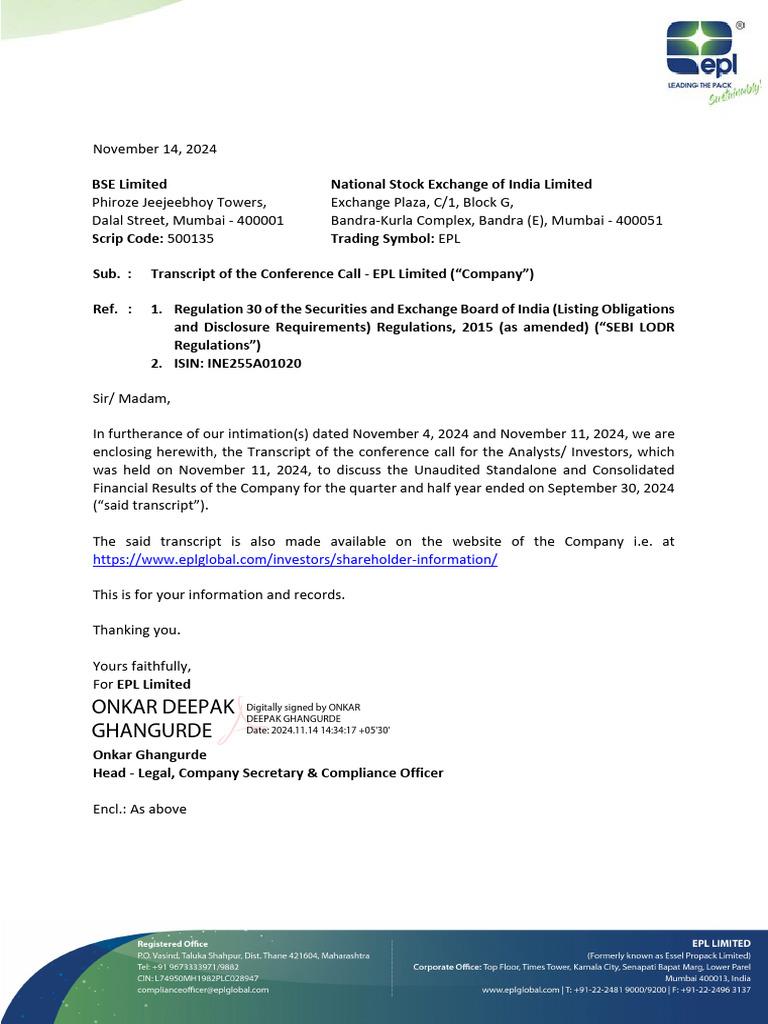 Intimation Transcript Con Calls D | PDF | Sustainability | Factoring ...