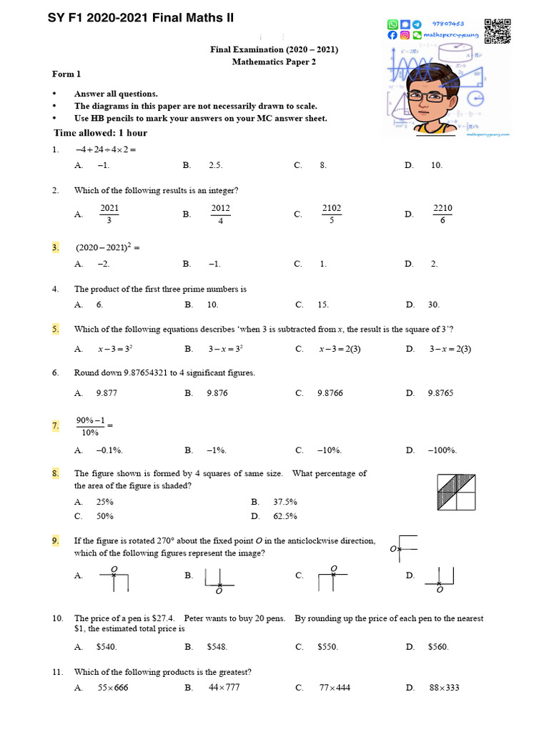 Form 1 Mathematics Exam Paper 2021 | PDF | Elementary Mathematics ...