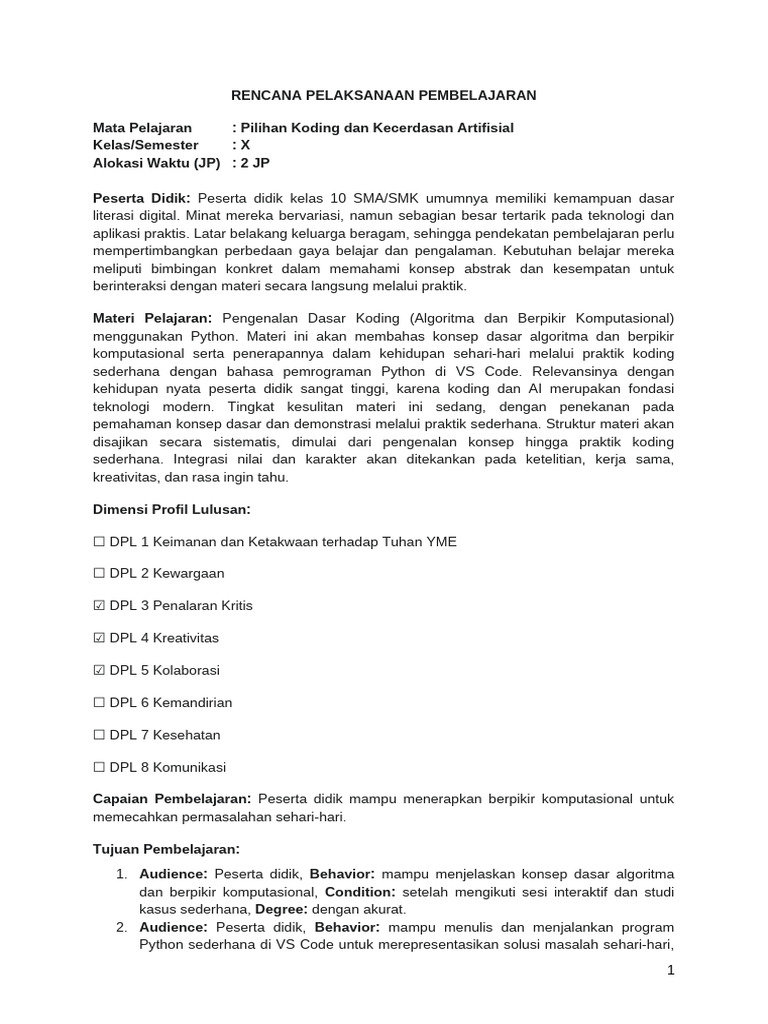 RPP Koding 1 Pertemuan | PDF