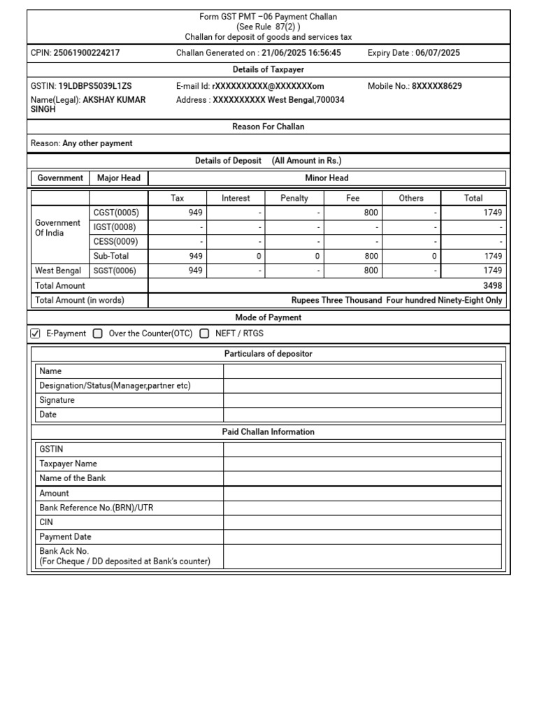 GST PMT-06 Payment Challan Details | PDF | Government Of India | Money