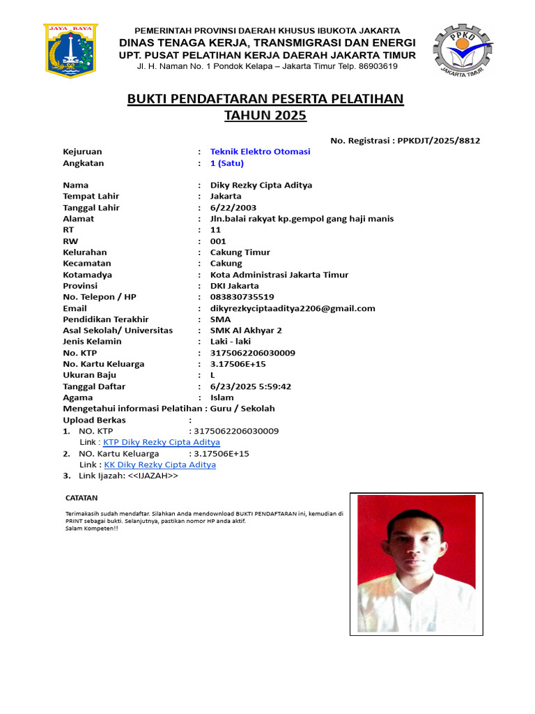 Bukti Pendaftaran PPKD JT 2025 An. Diky Rezky Cipta Aditya | PDF