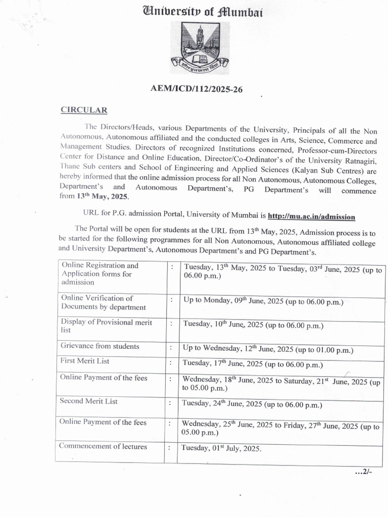 Circular Regarding Post Graduate Admission For The A. Y. 2025 ...