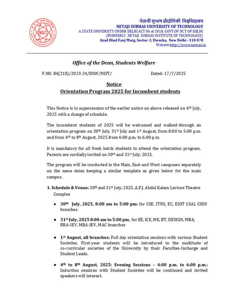 NSUT Orientation Program 2025 Details | PDF