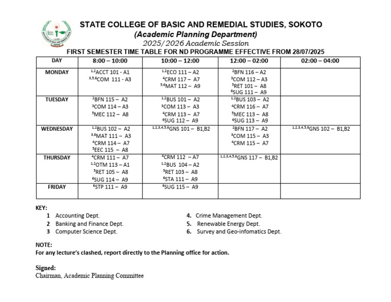 ND First Semester Time Table - 024608 | PDF
