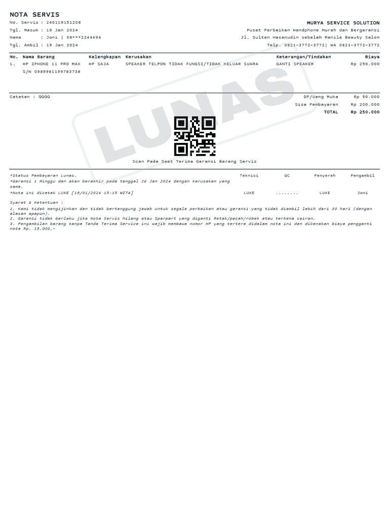 Nota Servis HP iPhone 11 Pro Max | PDF