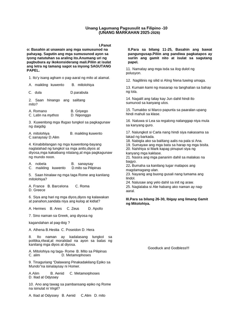 First Summative Test Filipino 10 2025 2026 | PDF