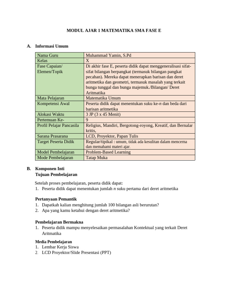 MODUL AJAR 1 MATEMATIKA SMA FASE E Deret Aritmatika | PDF