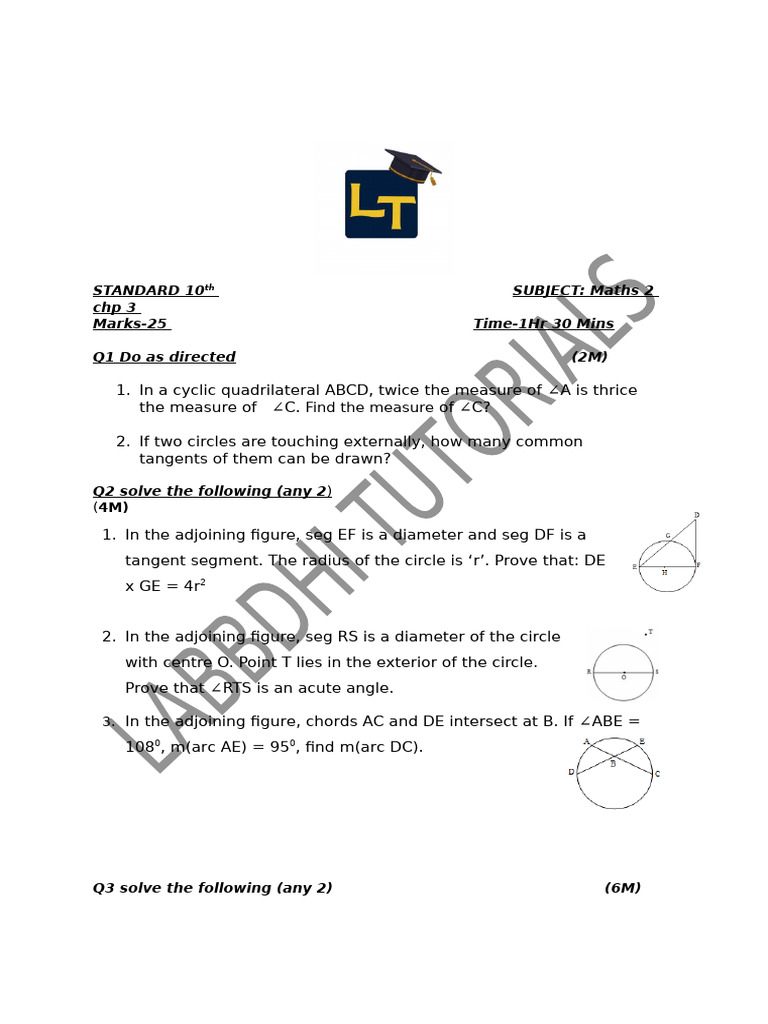 STANDARD 10th Maths 2 CHP 3 Test | PDF | Circle | Angle
