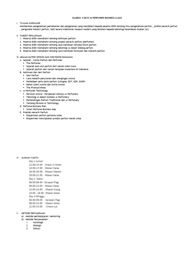Silabus 3 Days Ai Perfumer Business Class | PDF