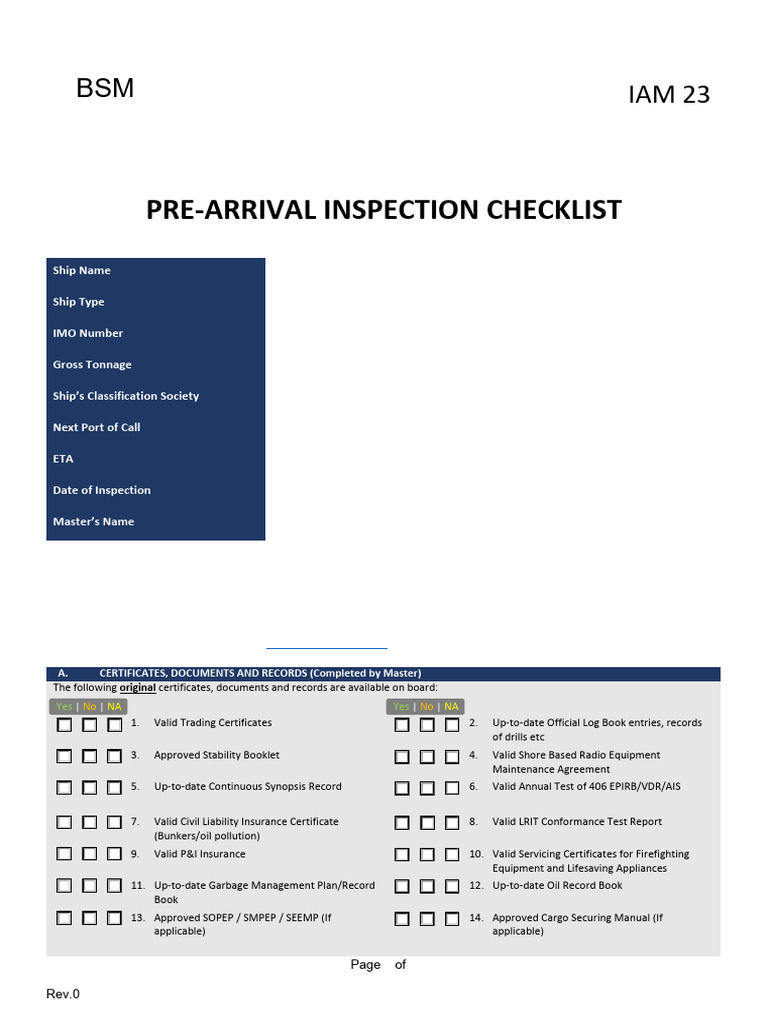 IAM 23 PSC Pre-Arrival Checklist Rev 0 | PDF | Shipping
