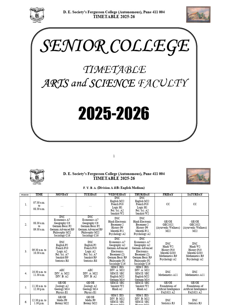 Fergusson College Timetable 2025-26 | PDF | Science | Liberal Arts ...