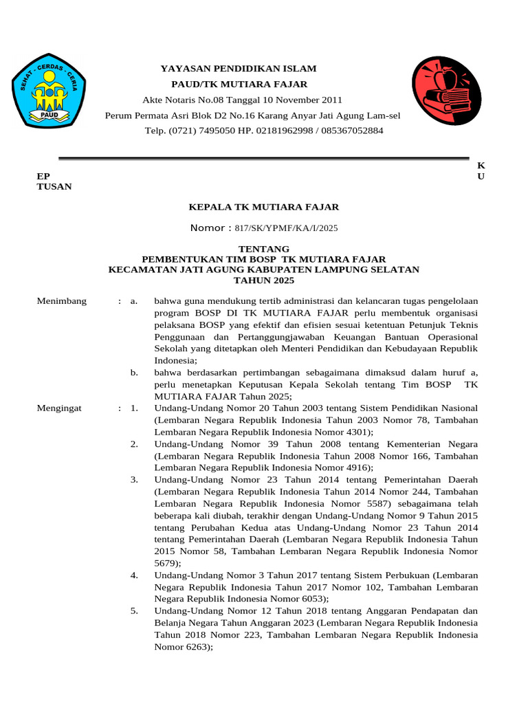 Contoh SK Tim BOS Reguler 2024 | PDF