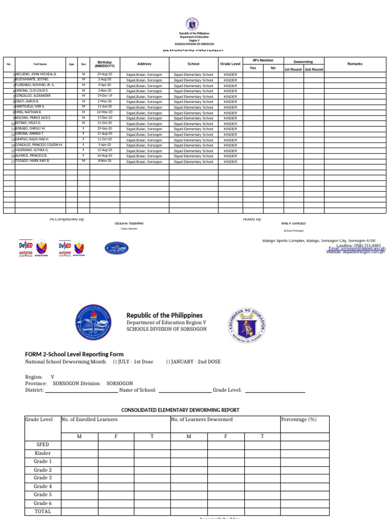 DepEd Deworming Masterlist Sorsogon | PDF