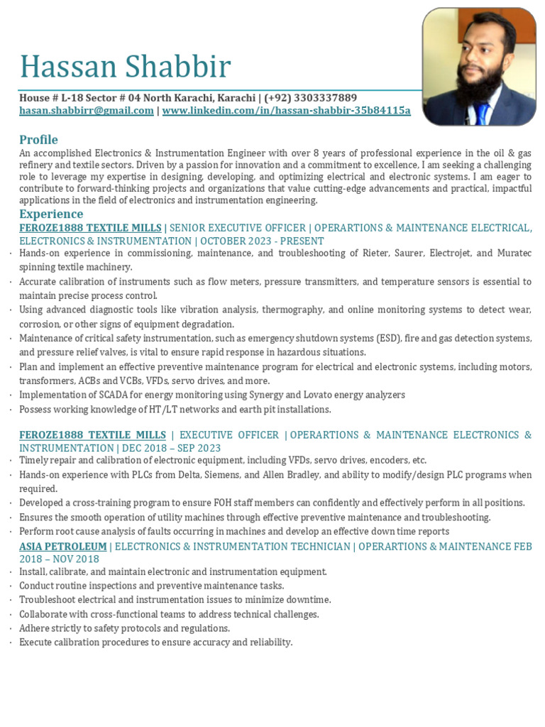 Hassan Shabbir CV | PDF | Instrumentation | Programmable Logic Controller