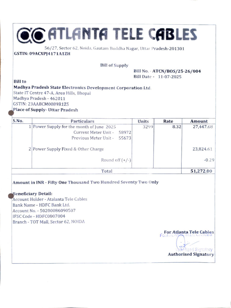 Noida Electricity Bill for Atlanta Cables | PDF