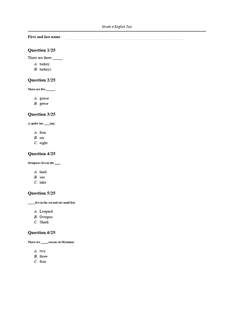 Grade 4 English Test Questions | PDF