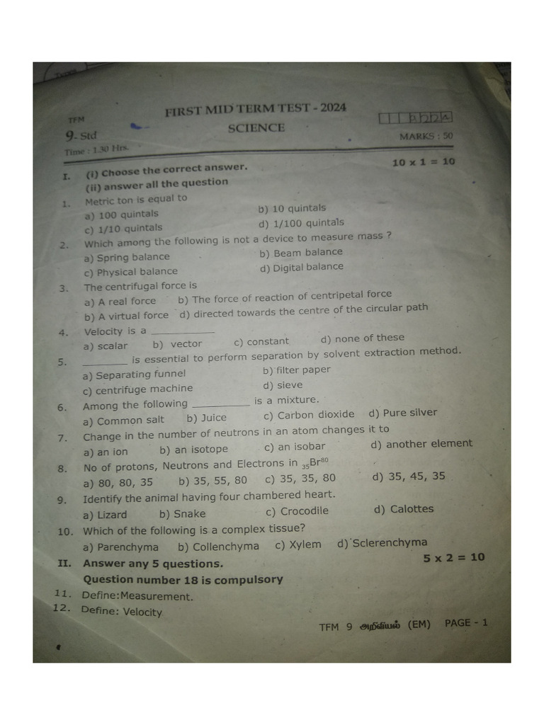 Class 9 Science Mid Term Answers | PDF