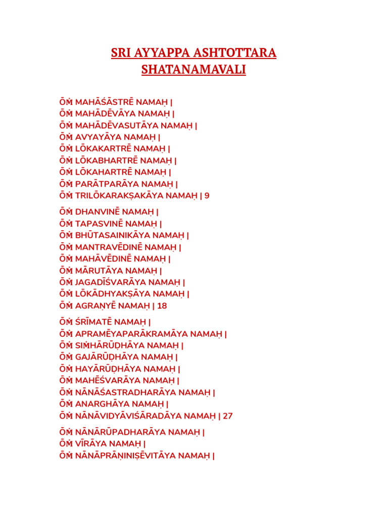 Sri Ayyappa Ashtotharam - English | PDF