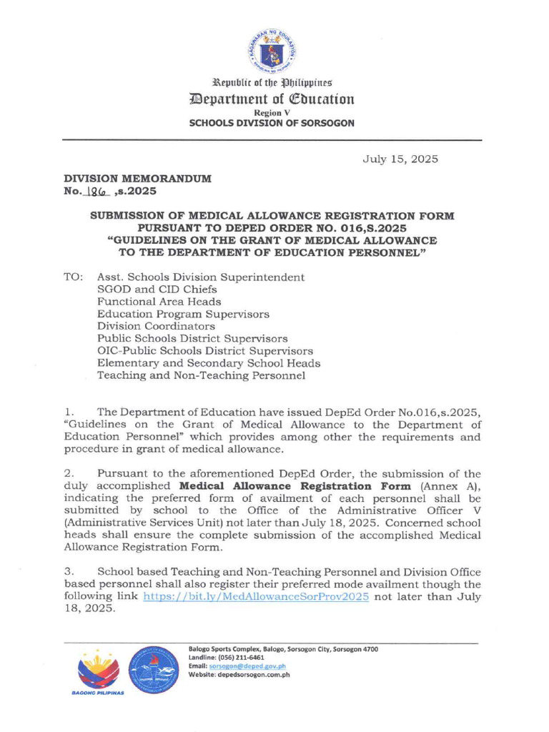Division Memo No. 186 S. 2025 Medical Allowance | PDF