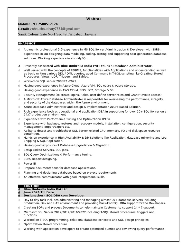 Vishnu - DBD MS SQL - 5.5 Years | PDF | Microsoft Sql Server | Databases