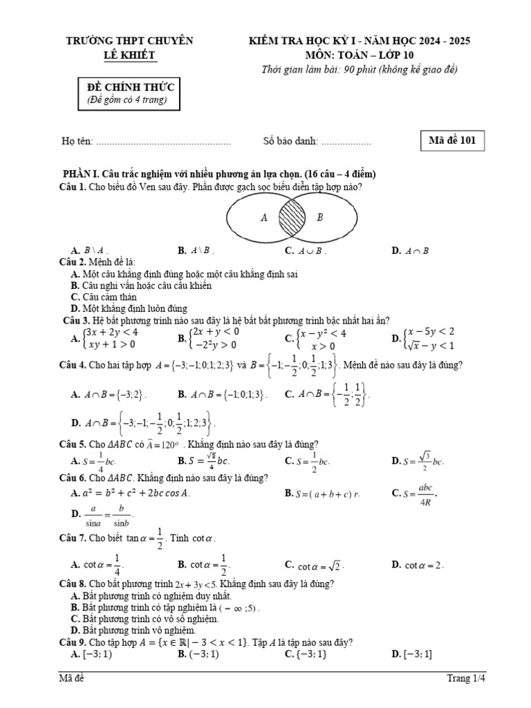 De Giua Ky 1 Toan 10 Nam 2024 2025 Truong Chuyen Le Khiet Quang Ngai | PDF
