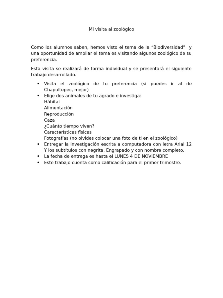 Investigación sobre visita al zoológico | PDF