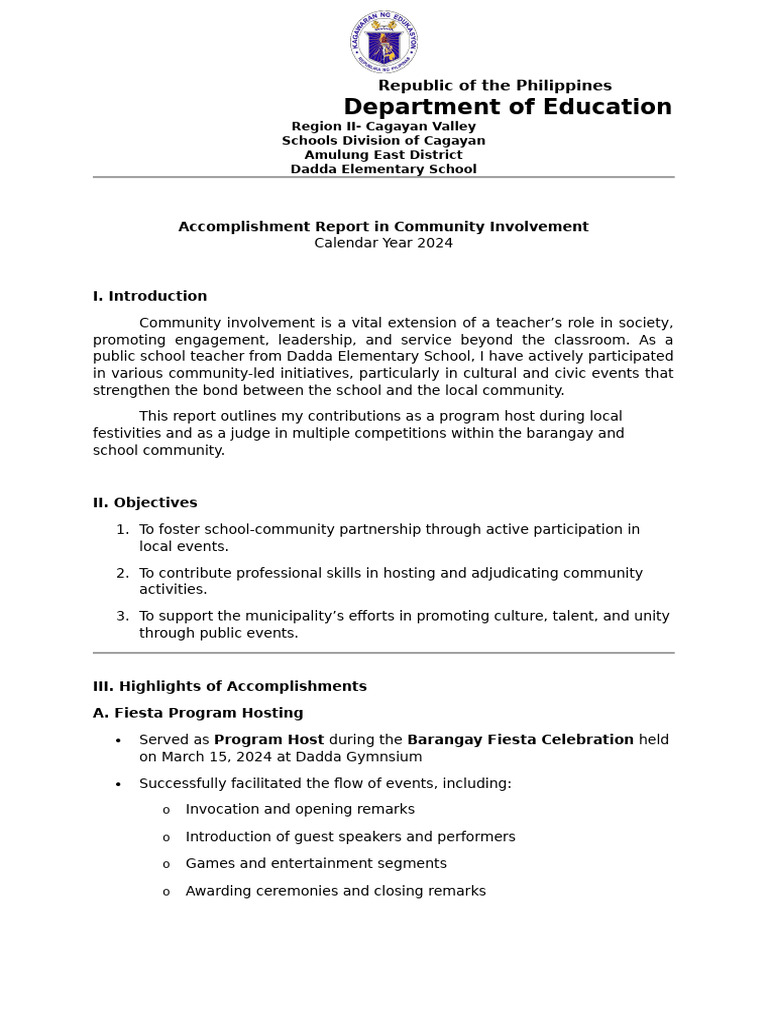 Community Involvement Accomplishments 2024 | PDF | Scouting | Social ...