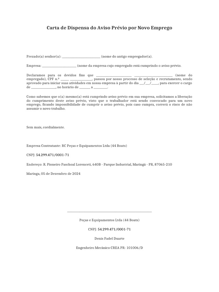 Carta De Dispensa De Aviso Previo