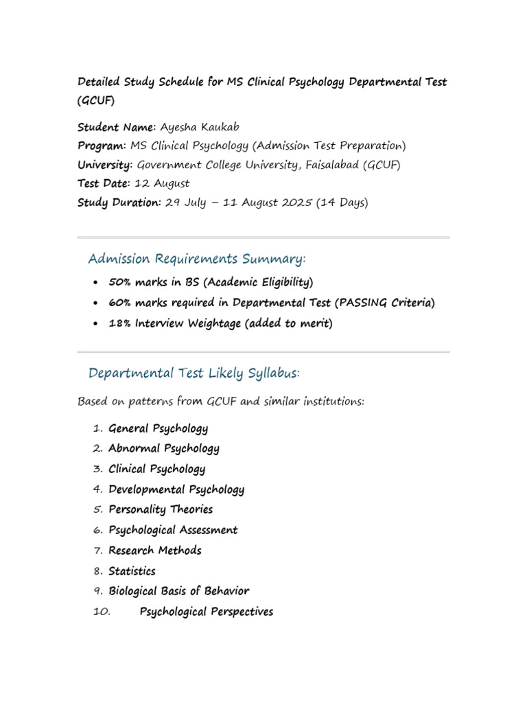Ms Clinical Test Schedule | PDF | Psychology | Clinical Psychology