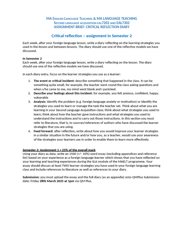 Second Language Acquisition SLA EAL7202 and 7302 Critical Reflection Summative Assignment Brief ...