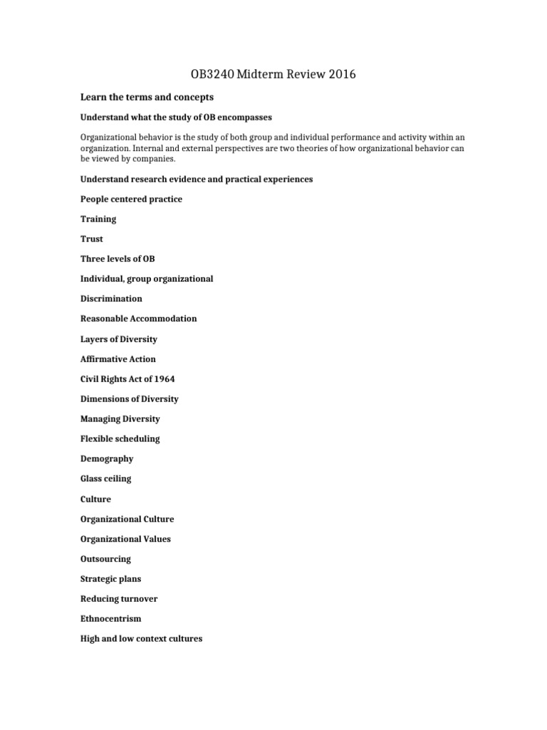 OB Midterm Review FALL 2016 | PDF | Self Efficacy | Self Esteem