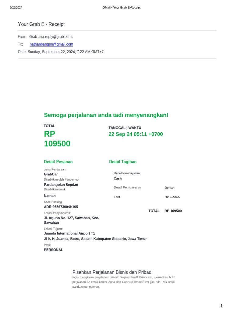 Your Grab E Receipt From Grab | PDF