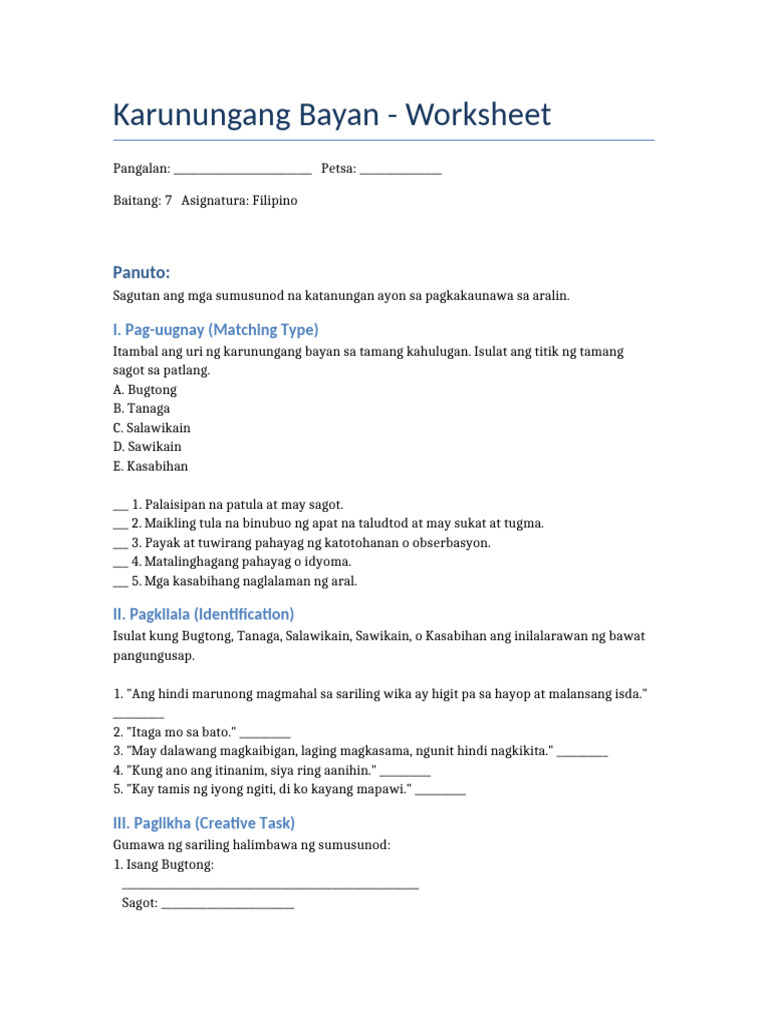 Worksheet Karunungang Bayan | PDF