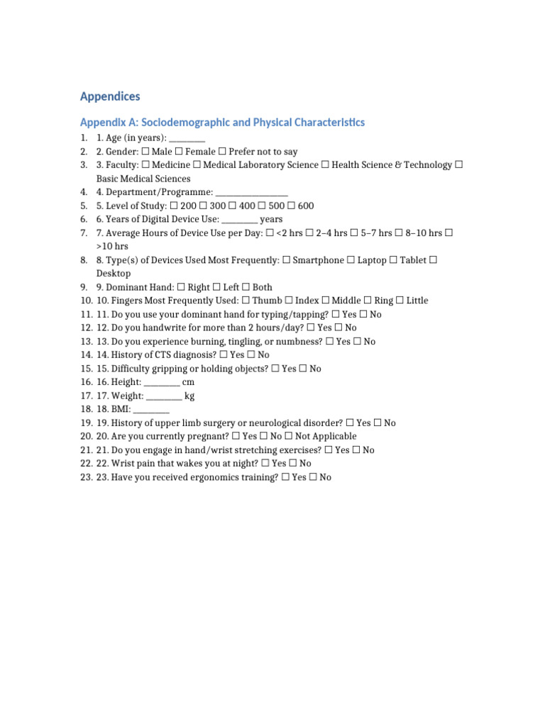 CTS-6 Questionnaire and Appendices | PDF | Hand | Medical Specialties