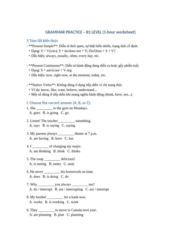 B1 Grammar Practice Worksheet | PDF | Linguistics | Grammar