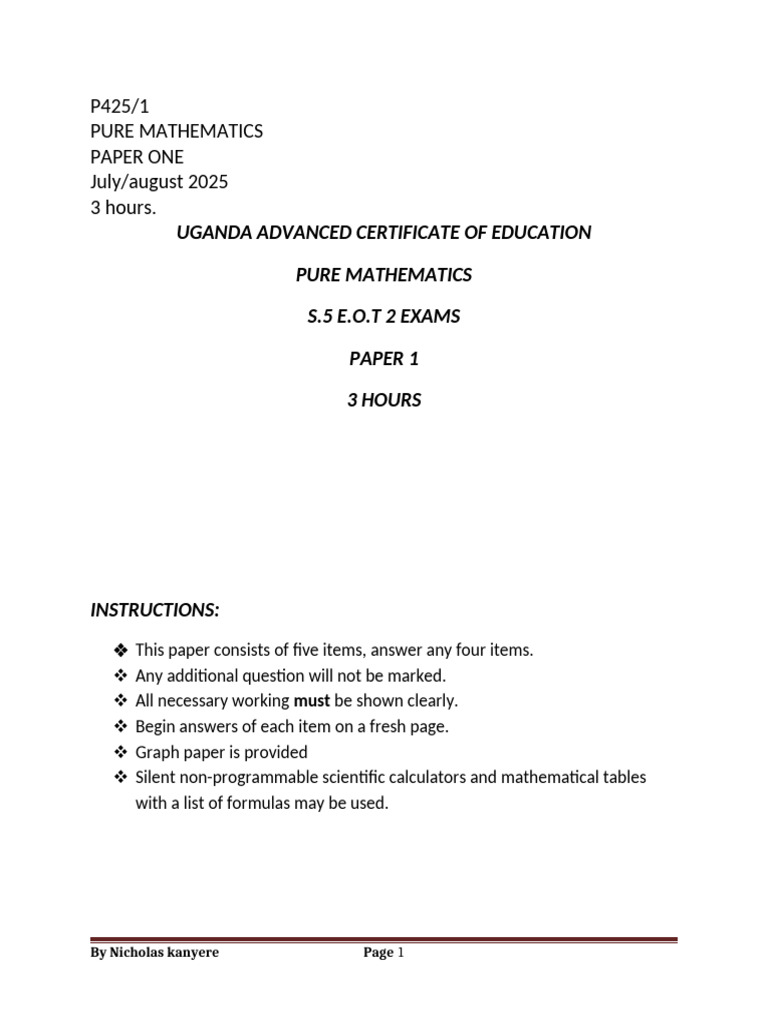 S5 Pure Mathematics Exam Paper 2025 | PDF | Mathematics