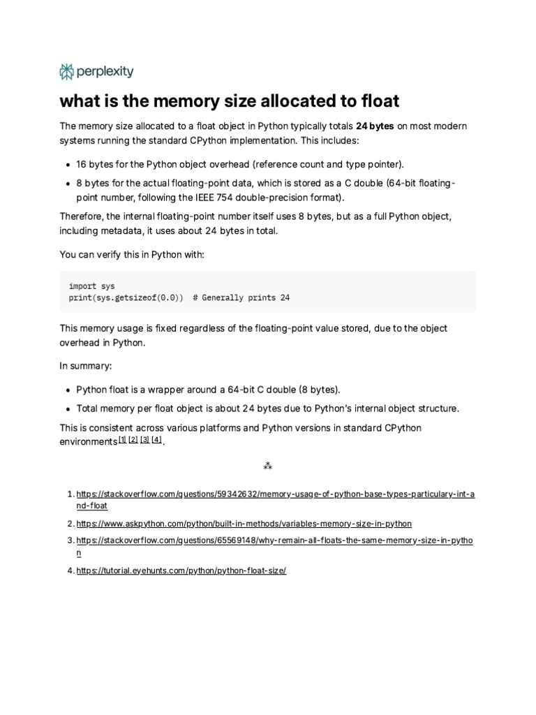What Is The Memory Size Allocated To Float | PDF
