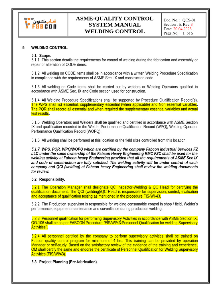 ASME Welding Control Procedures | PDF | Welding | Construction