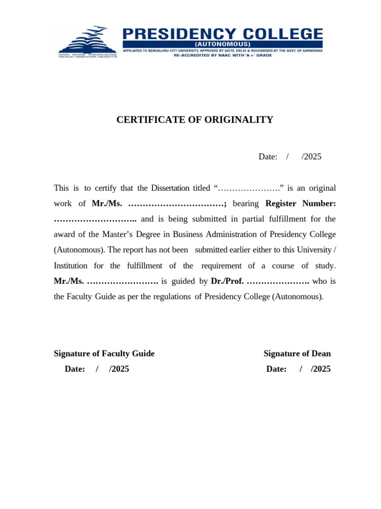 Certificate of Originality for Thesis | PDF