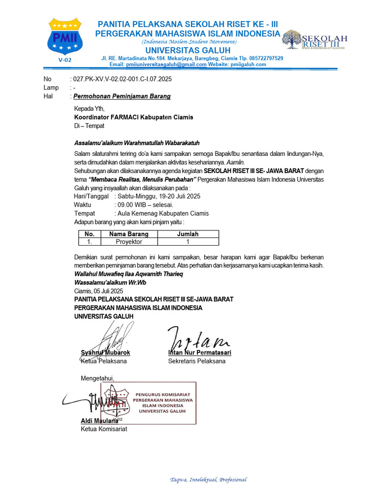 Permohonan Peminjaman Proyektor PMII | PDF