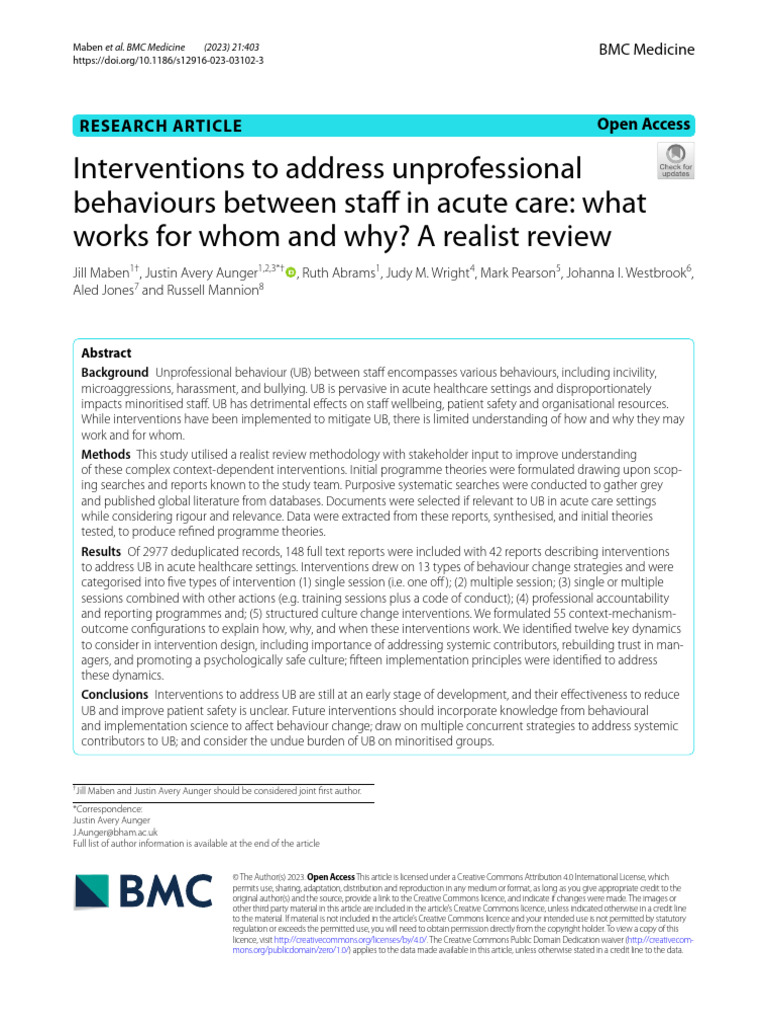 Interventions for Unprofessional Behavior in Healthcare | PDF ...