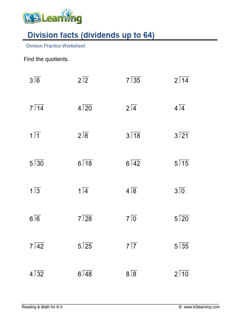 K-5 Division Facts Practice Worksheet | PDF