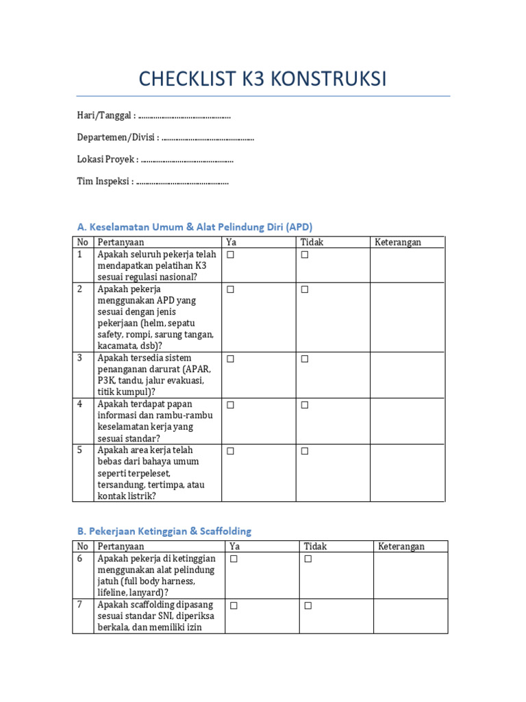 Checklist k3 Konstruksi | PDF