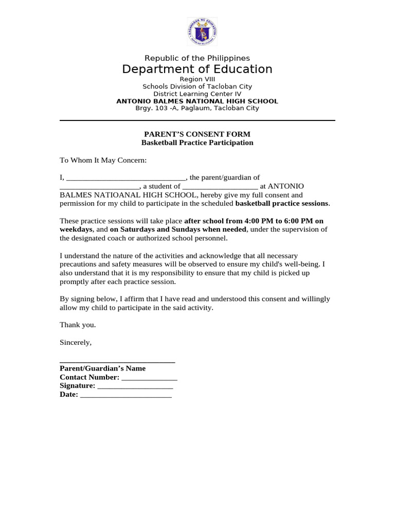 Basketball Parents Consent | PDF | Private Law | Common Law
