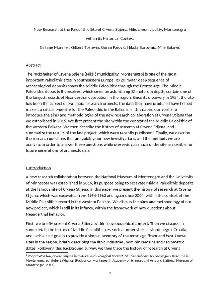 Hominins at Crvena Stijena Site | PDF | Paleolithic | Stone Age