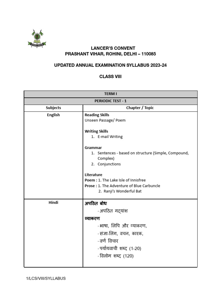 Class 8 - Updated Annual Examination Syllabus | PDF