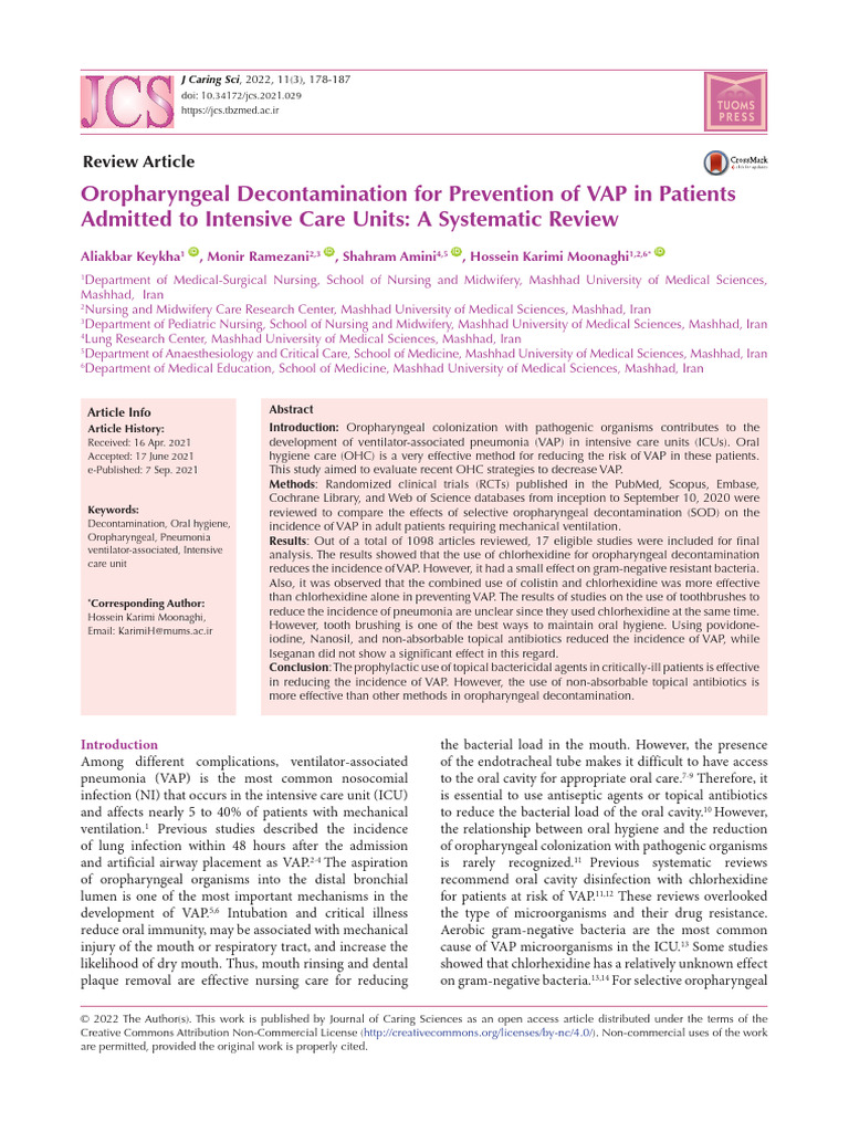 Oropharyngeal Decontamination For Prevention of VAP in Patients Admitted To Intensive Care Units ...