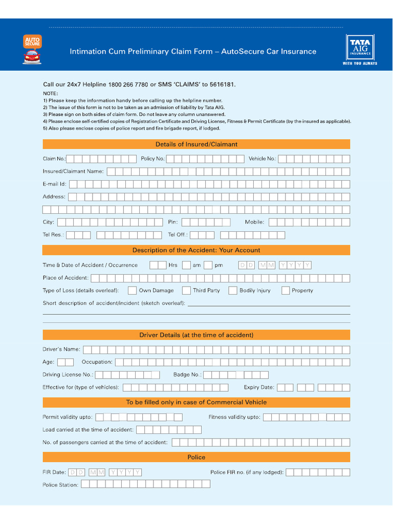 Tata Aig Motor Claim Form PDF | PDF
