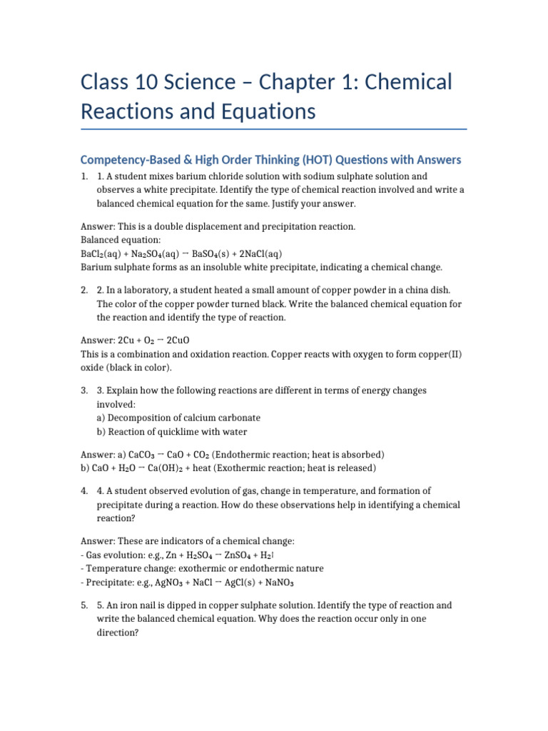 Class10 Chemical Reactions HOT Questions | PDF | Redox | Chemical Reactions